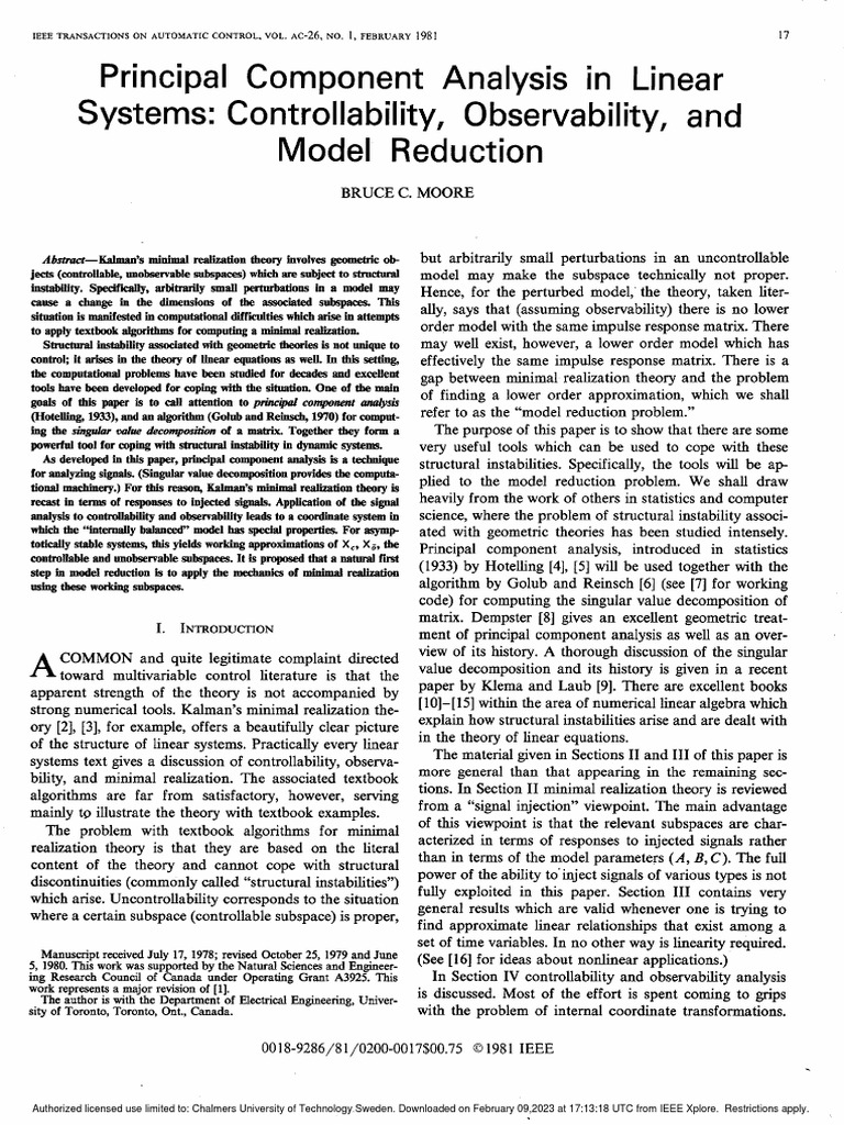 Principal Component Analysis in Linear Systems Controllability Observability and Model Reduction ...