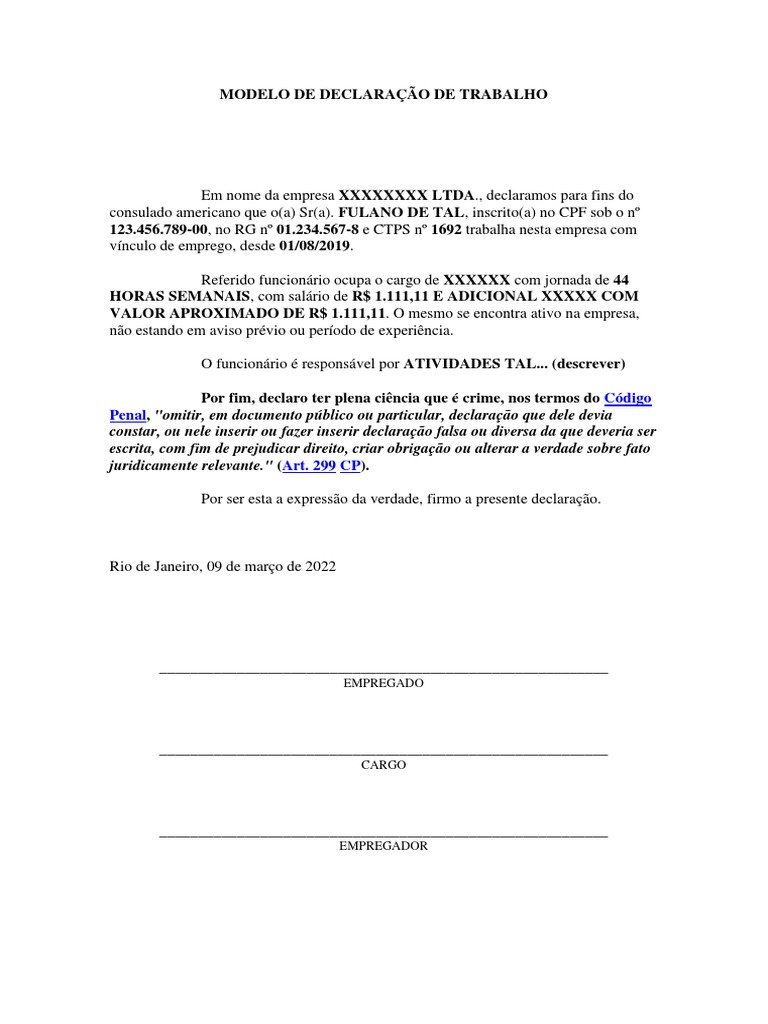 26 - MODELO DE DECLARAÇÃO DE TRABALHO | PDF