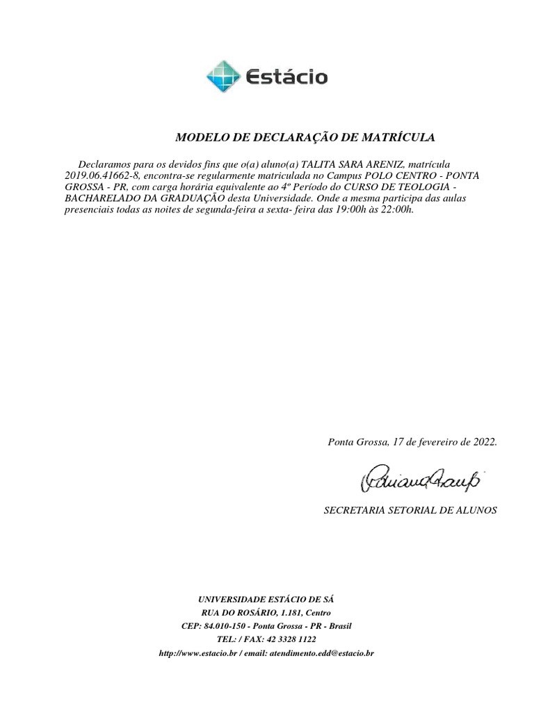 27 - MODELO DE DECLARAÇÃO DE MATRICULA - 1 | PDF