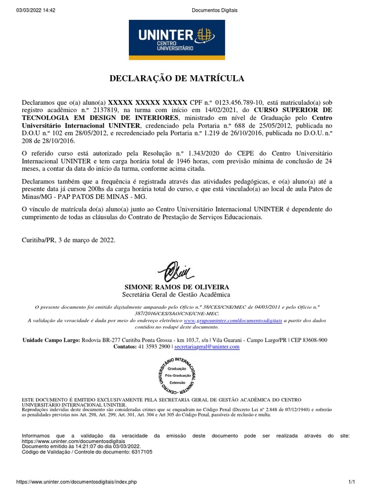 28 - Modelo de Declaração de Matrícula - 2 | PDF