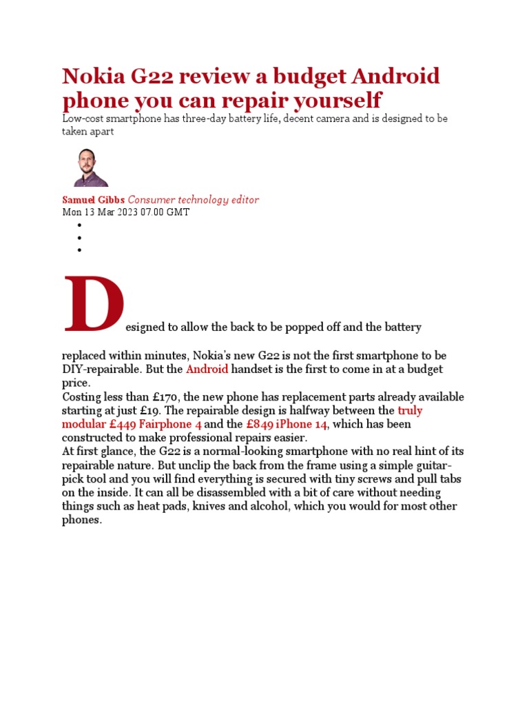 Nokia G22 Review A Budget Android Phone You Can Repair Yourself Pdf Android Operating