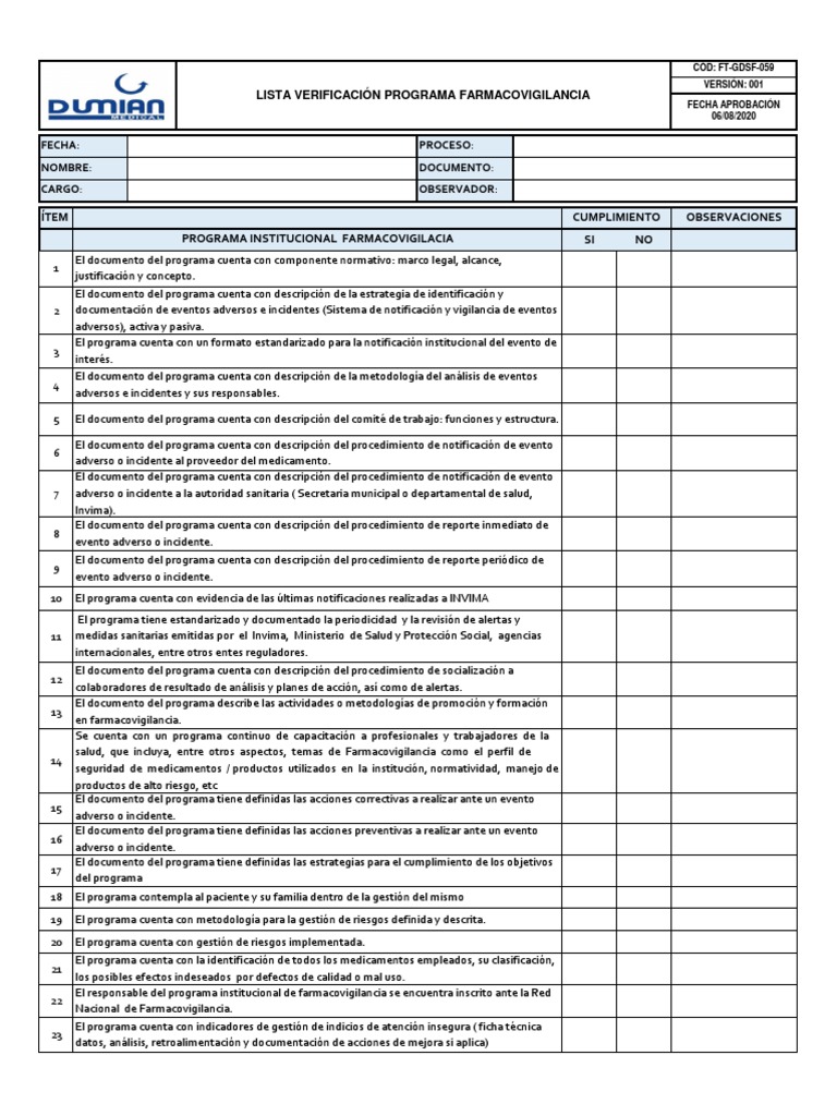 FT-GDSF - 059-01 Lista de Chequeo FV | PDF | Medicamentos con receta | Farmacia