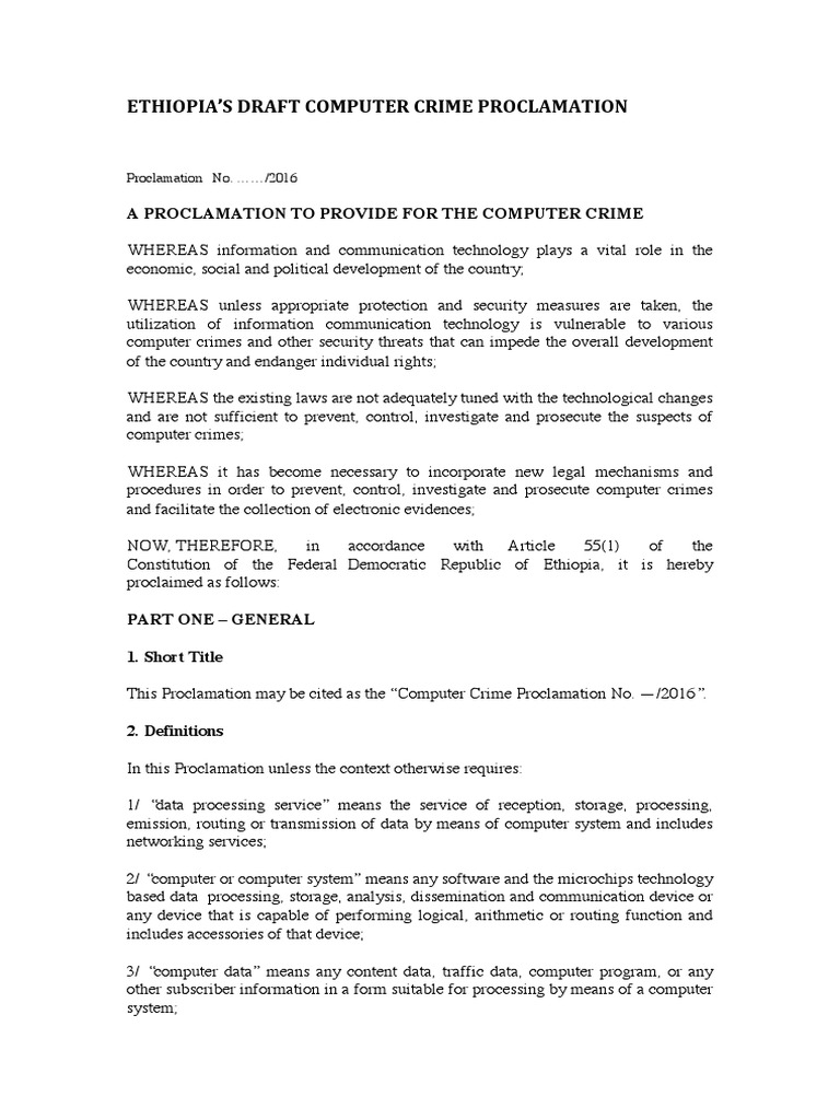 Ethiopia's - Draft Computer Crime Proclamation - 2016 | PDF | Social ...