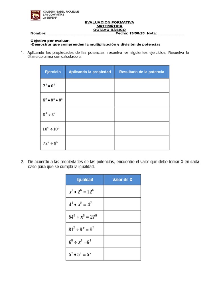 Evaluacion Formativa Multiplicacion y Division de Potencias | PDF