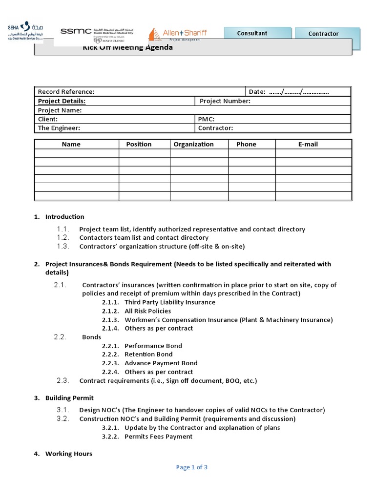 Construction Kick-Off Meeting Agenda | PDF | Insurance | General Contractor