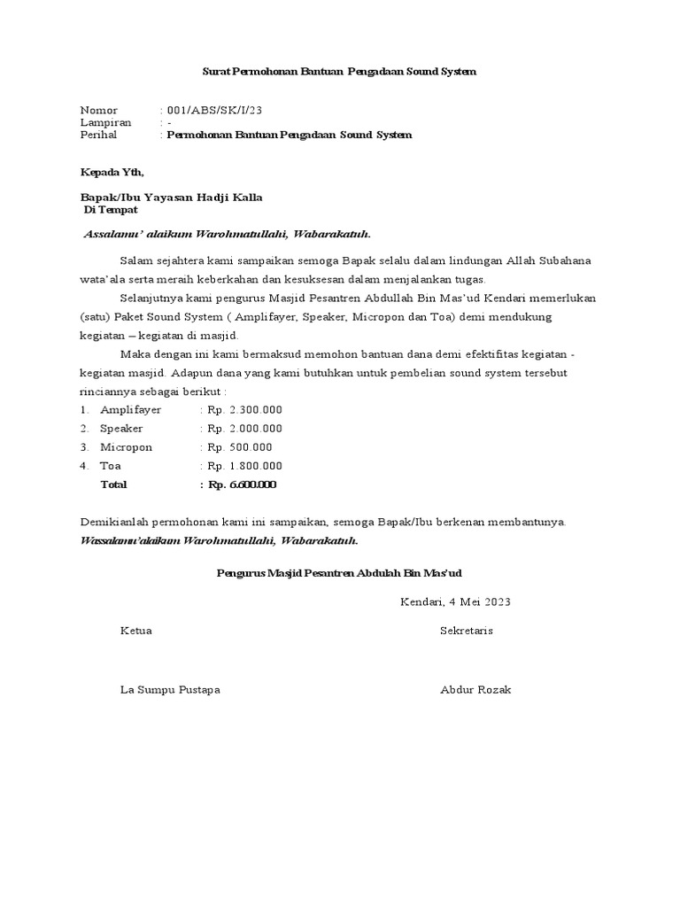 Surat Permohonan Bantuan Pengadaan Sound System | PDF