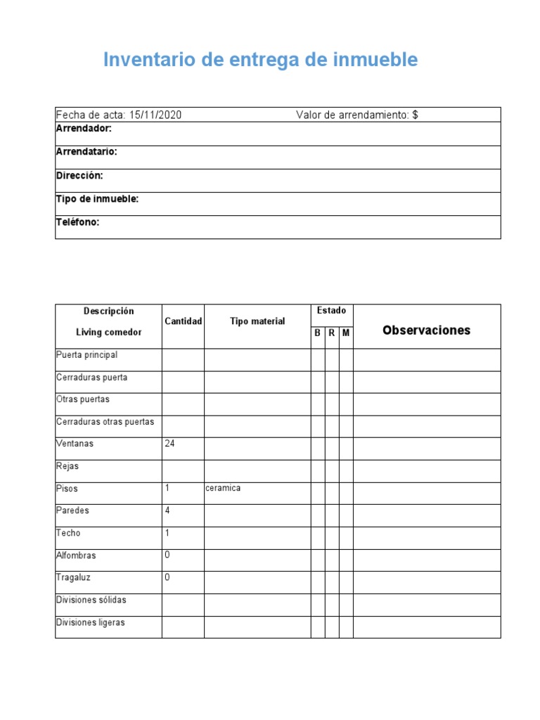 Modelo de Inventario de Entrega de Inmueble | PDF | Estufa de cocina | Ingeniería de Edificación