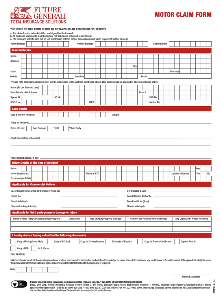 FUTURE GENERALI Motor-OD Claim Form | PDF