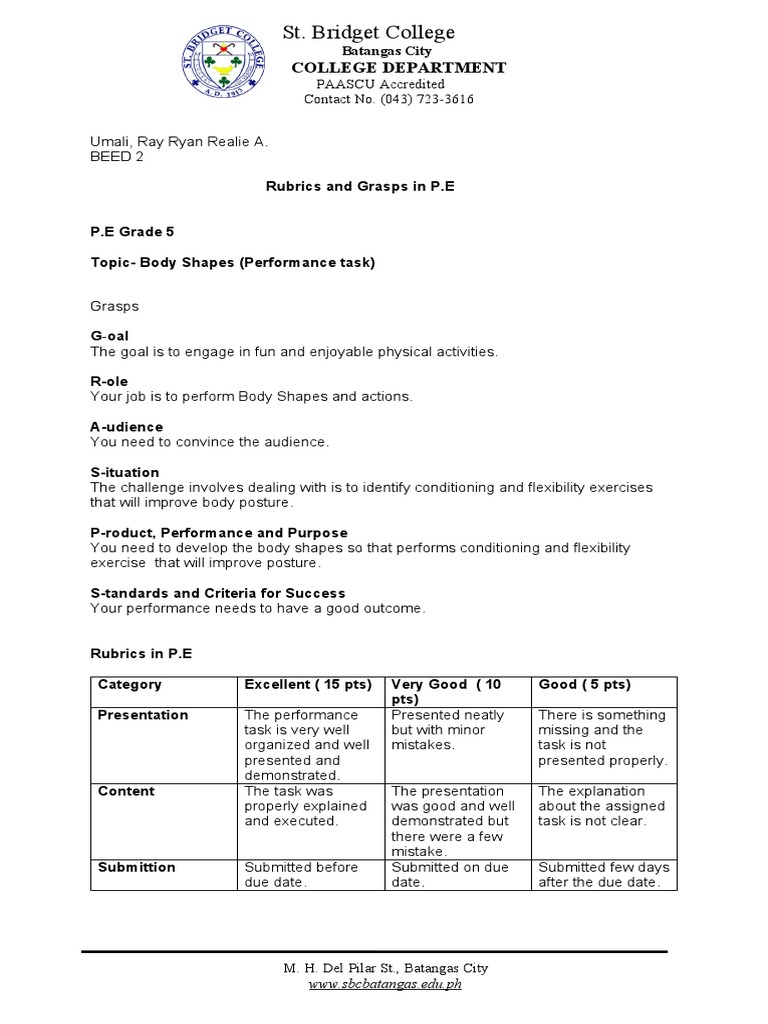 PE Rubrics for Body Shapes and Health | PDF | Essays | Psychology