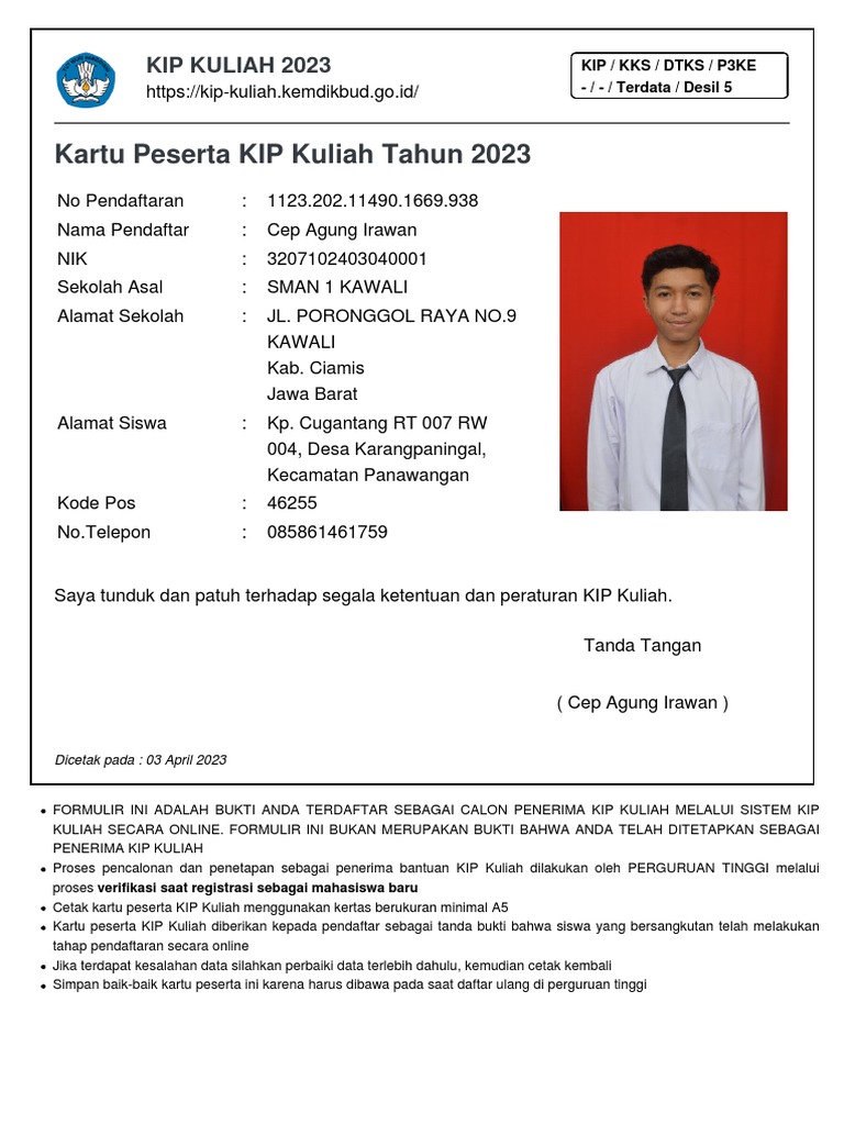 Kartu Peserta KIP Kuliah 2023 | PDF