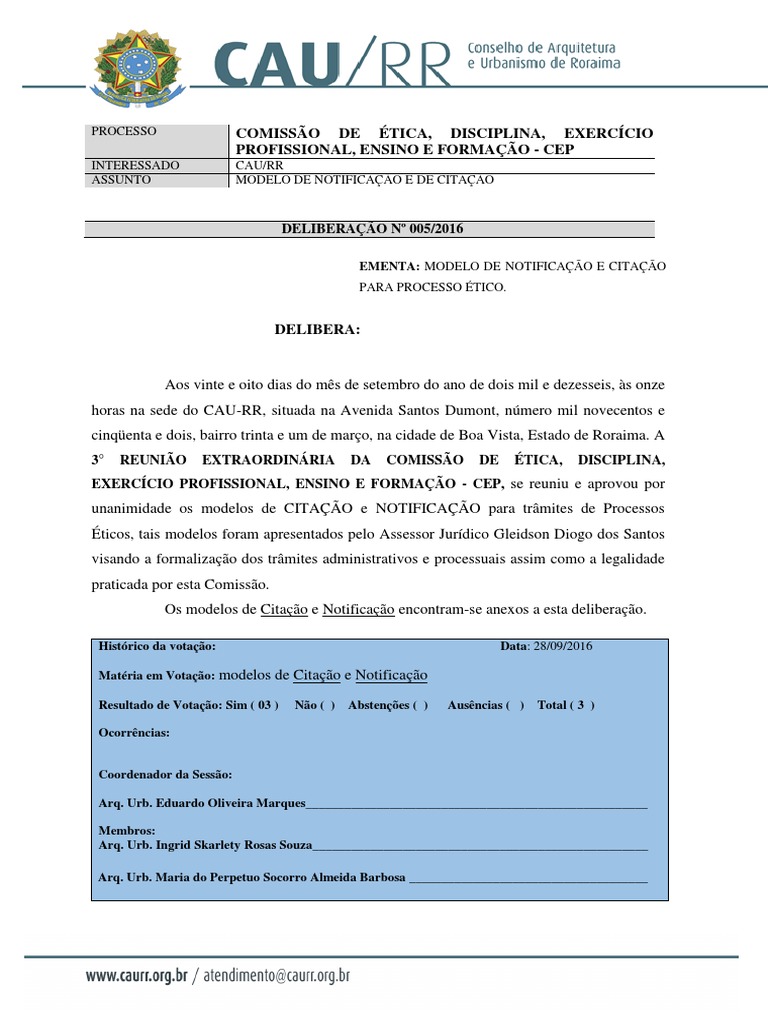 Deliberacao 005 - 2016 Modelo de Notificacao e Citacao para Processo ... Deliberacao 005 - 2016 Modelo de Notificacao e Citacao para Processo ...