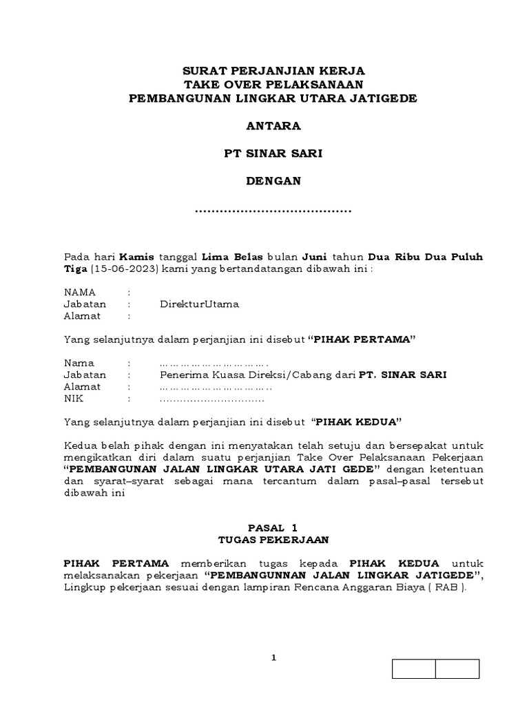 Draft Perjanjian Take Over Pekerjaan Konstruksi | PDF