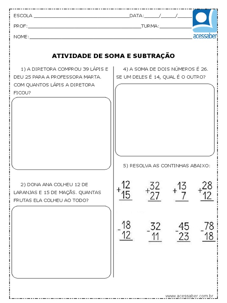 Atividade de Soma e Subtracao 2 Ano | PDF