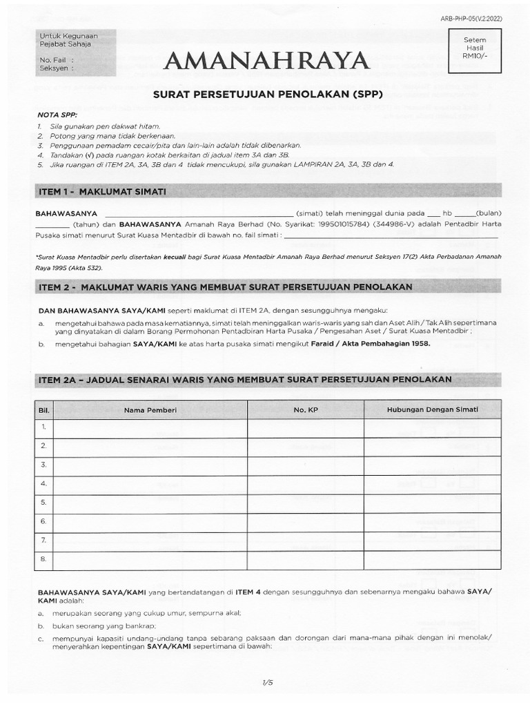 Surat Persetujuan Penolakan (SPP) Amanahraya | PDF