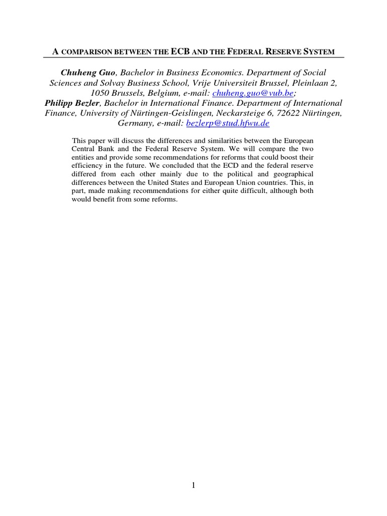 A Comparison of The ECB and The Federal Reserve System 2022 Final Version | PDF | Federal ...