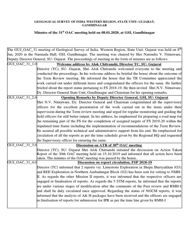 GSI Gujarat OAC Meeting Minutes 2020 | PDF | Earth Sciences | Physical ...