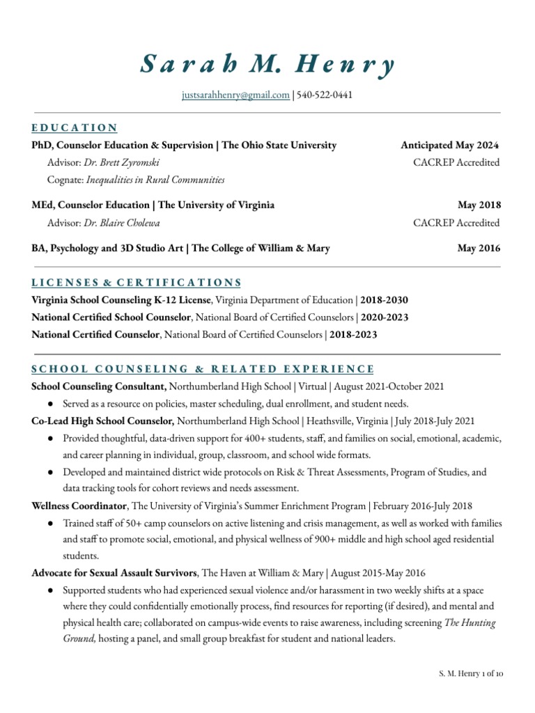 Sarah Henry CV June 2023 | PDF | School Counselor