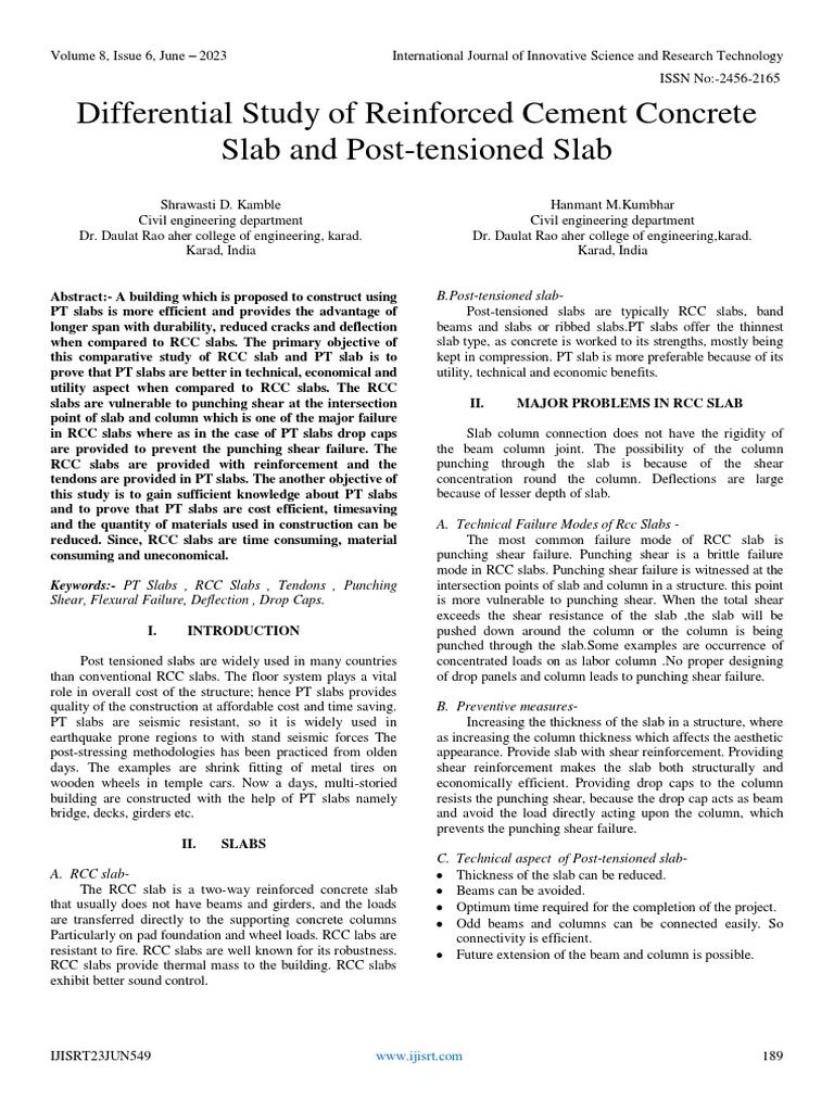 Differential Study of Reinforced Cement Concrete Slab and Post-Tensioned Slab | PDF ...