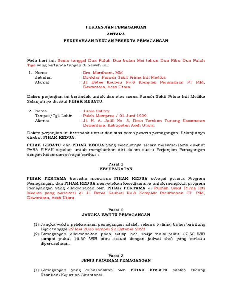 Contoh Perjanjian Pemagangan Junia Safitry (1) | PDF