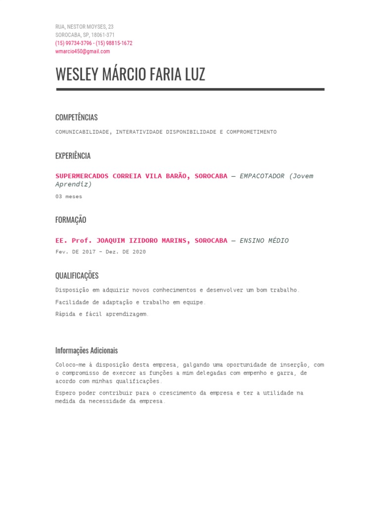 Currículo de Wesley Márcio Faria Luz | PDF