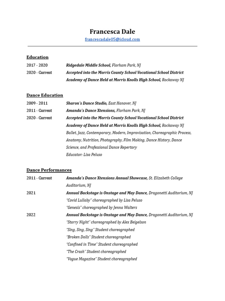 Francesca Dale - Final CV | PDF | Choreography | Dances