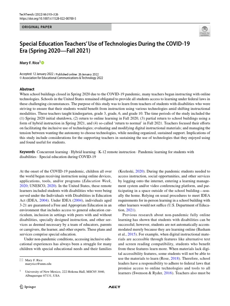 Special Education Teachers' Use of Technologies During The COVID-19 Era ...