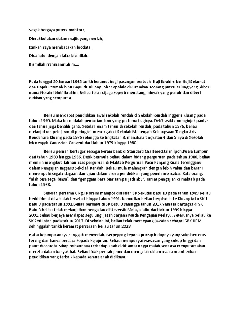Biodata Hajah Noraini Binti Ibrahim | PDF