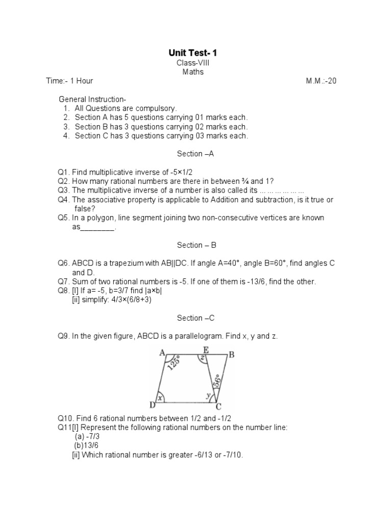 Unit Test-1 Class-8 Maths | PDF