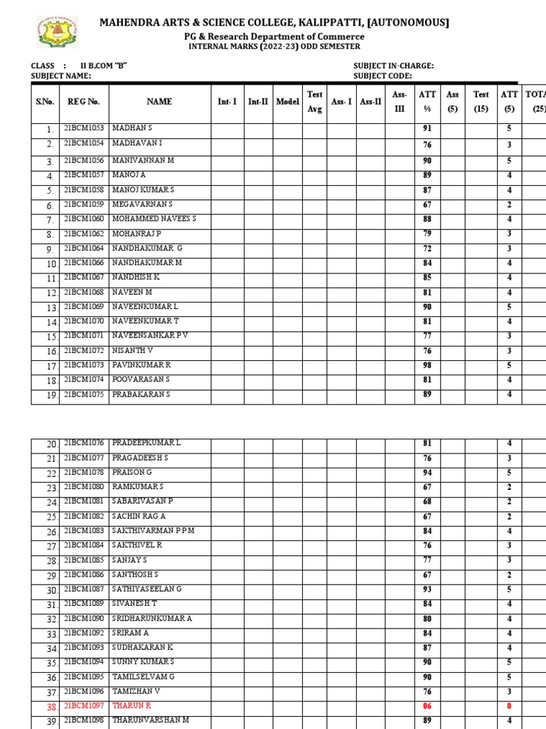 Internal Marks Format | PDF