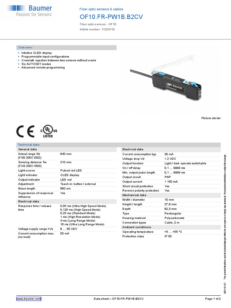 Baumer OF10.FR-PW1B.B2CV EN 20210127 DS | PDF | Optical Fiber | Sensor