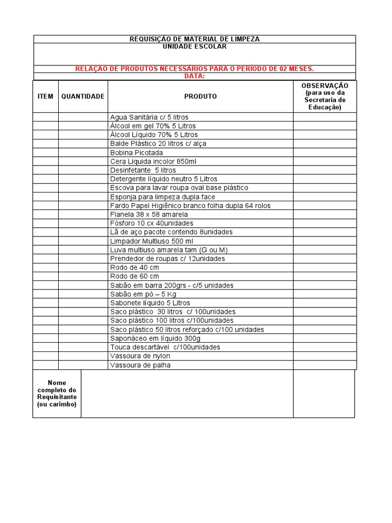 Requisição de Material de Limpeza Modelo Word | PDF
