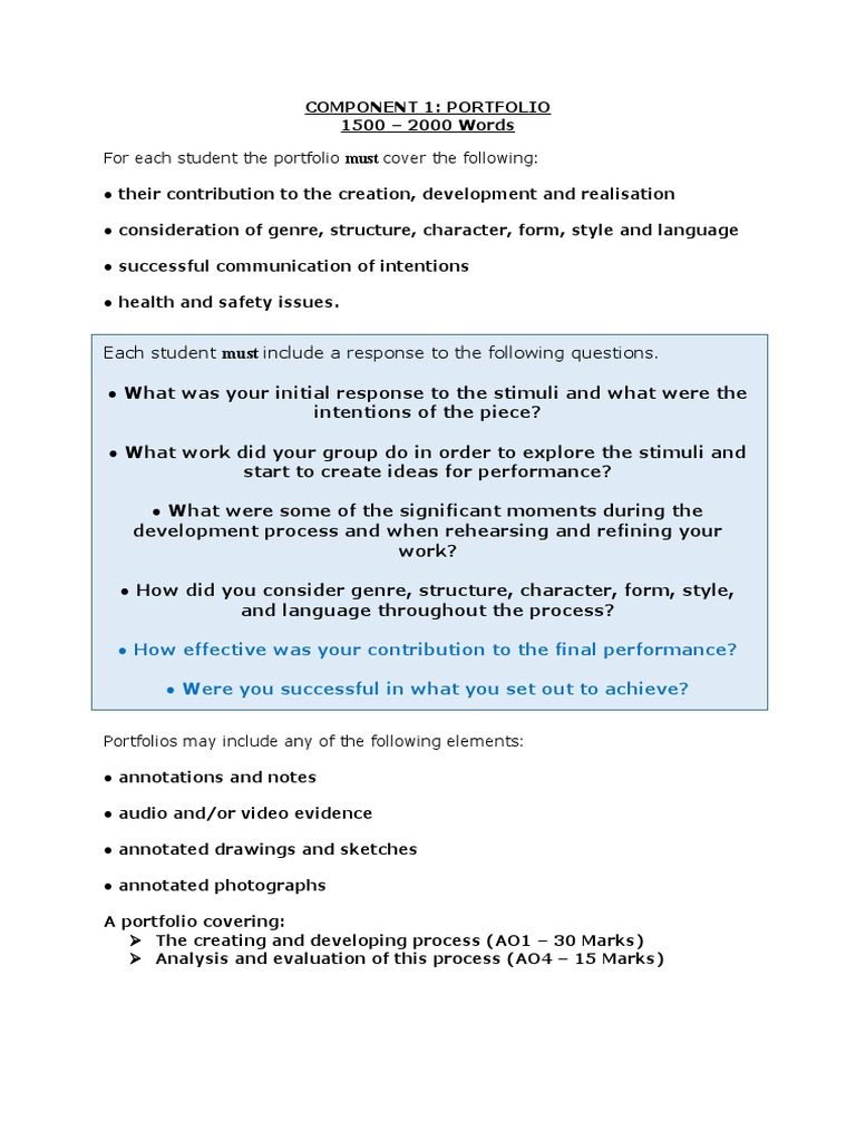 GCSE DRAMA COMPONENT 1 - Portfolio Instructions and Questions 2023 ...