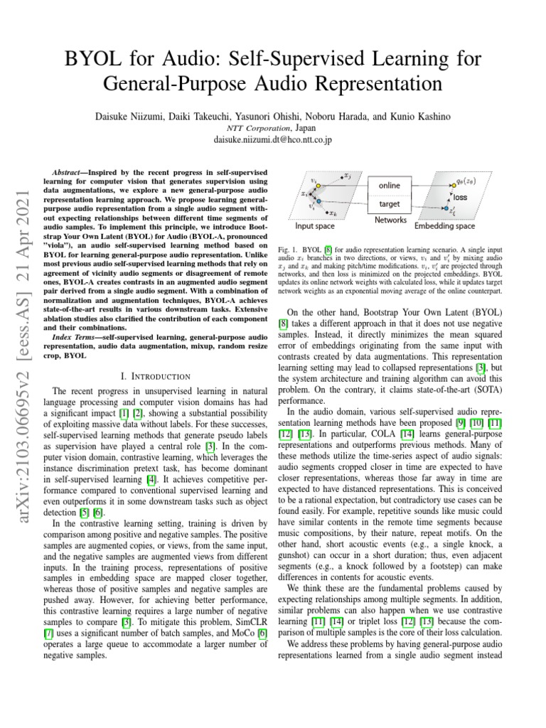 BYOL For Audio Self-Supervised Learning For General-Purpose Audio Representation | PDF