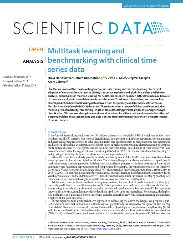 Multitask learning and benchmarking with clinical time series data | PDF | Machine Learning ...