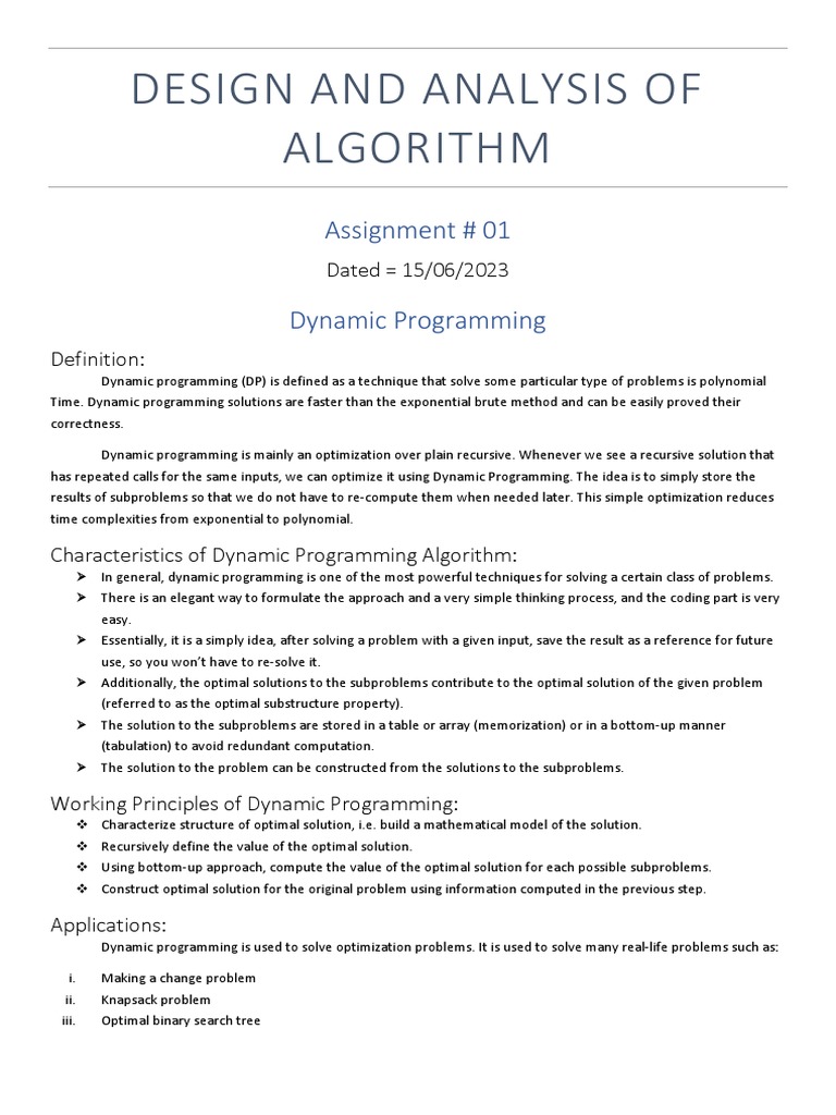 Design and Analysis of Algorithm Assignment # 01 | PDF | Dynamic ... Design and Analysis of Algorithm Assignment # 01 | PDF | Dynamic ...