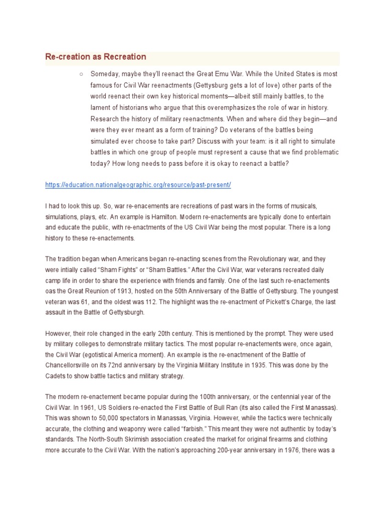 Re-Creation As Recreation | PDF | Historical Reenactment