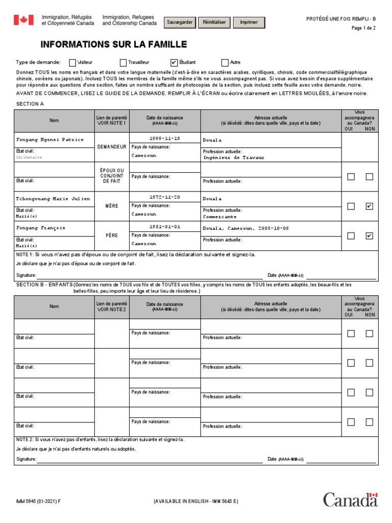 Formulaire Famille pour Immigration | PDF