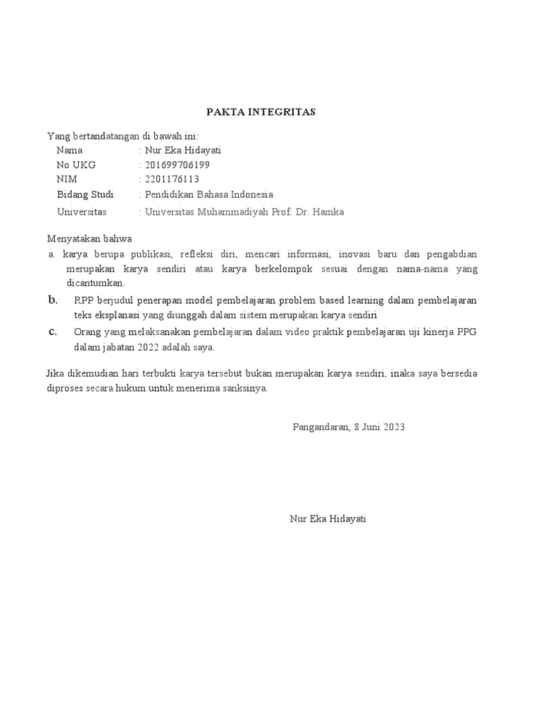 Contoh Pakta Integritas Ukin Ppg 2022 Pdf