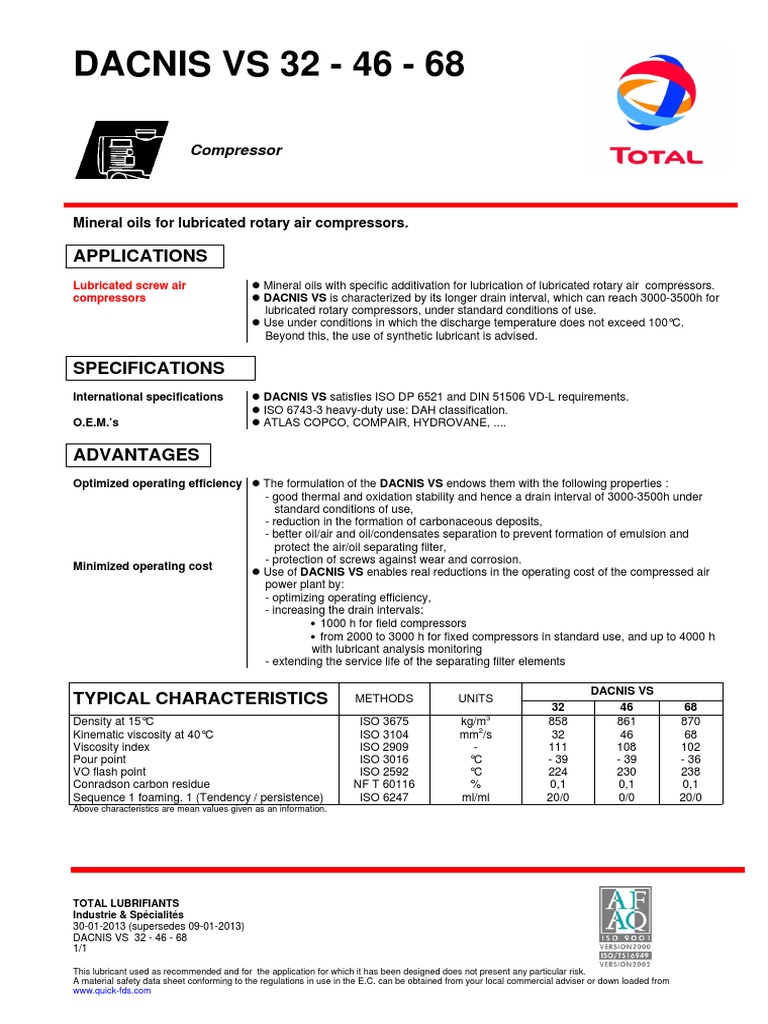Dacnis Vs 32 Tds | PDF | Lubricant | Chemistry