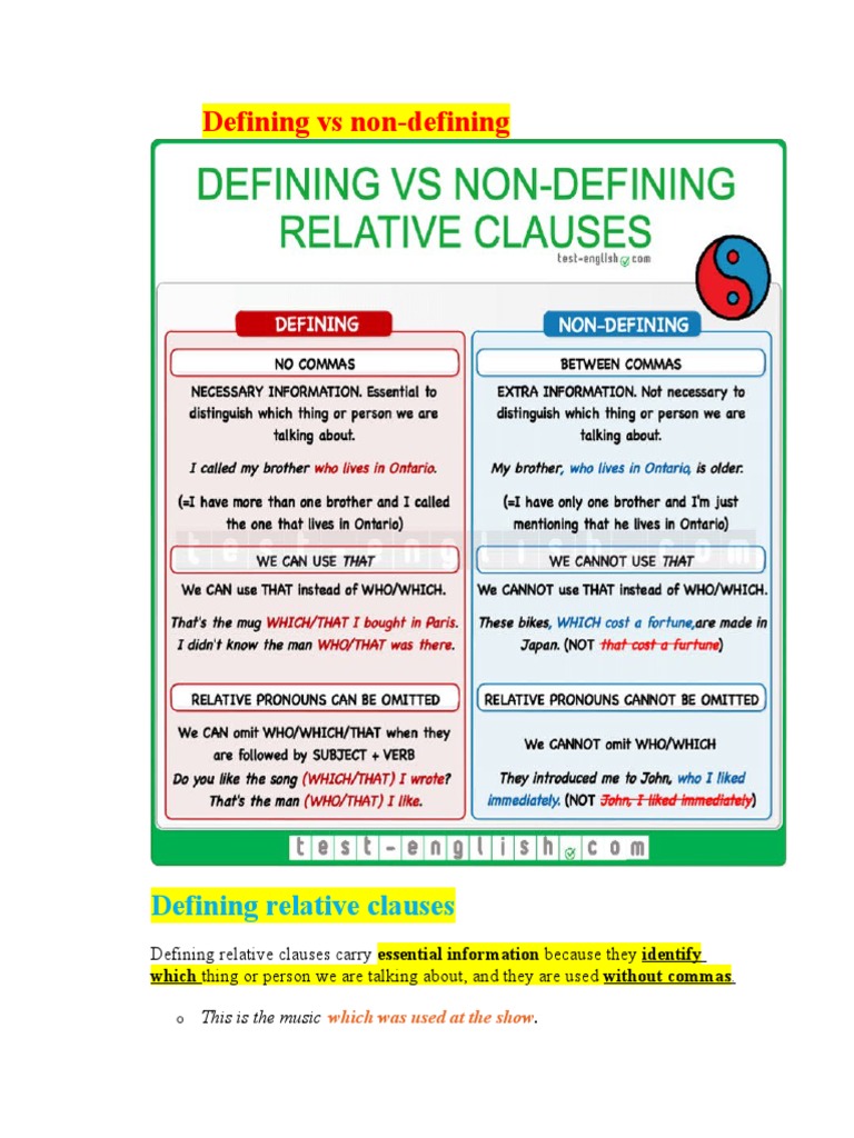 Defining vs Non-Defining Clauses | PDF | Subject (Grammar) | Clause