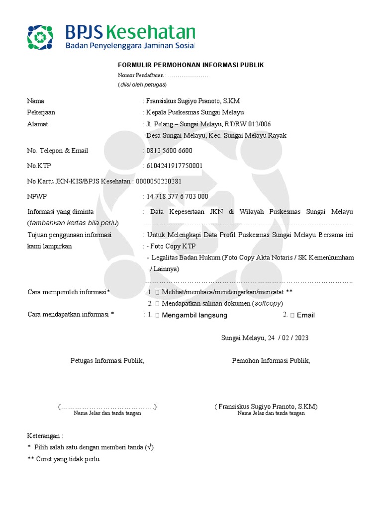 Formulir Permohonan Informasi Publik BPJS Kesehatan (2) | PDF
