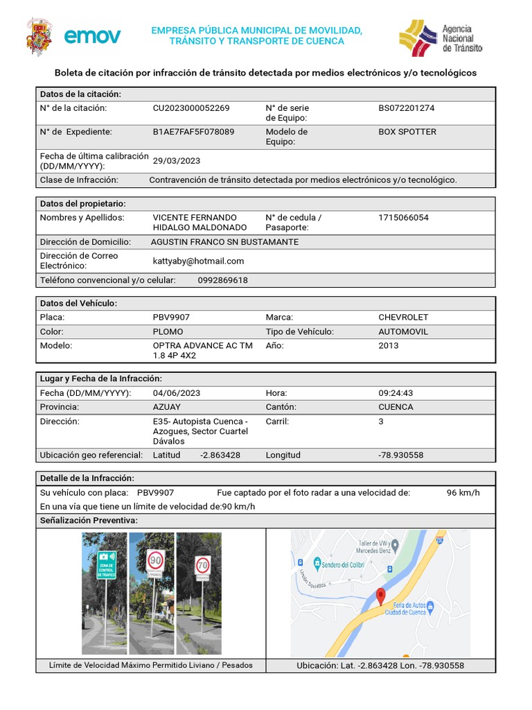 Boleta de Citación Por Infracción de Tránsito Detectada Por Medios ...