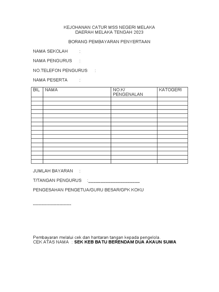 Borang Pembayaran Penyertaan Kejohanan Catur Melaka Tengah | PDF