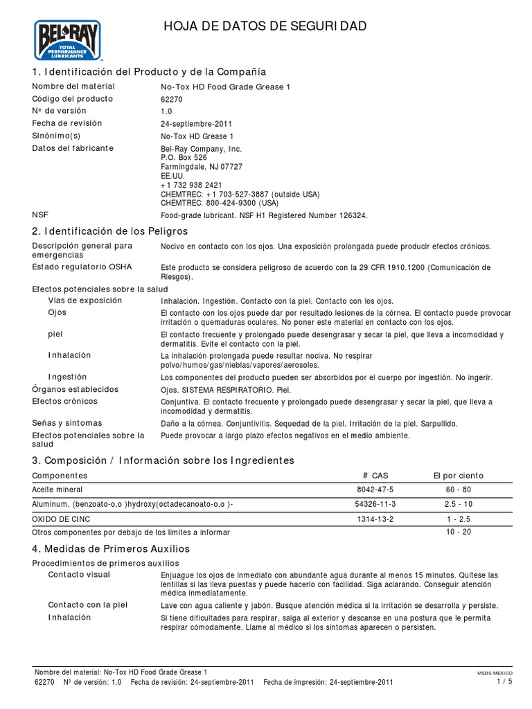 Grasa HD No-Tox Grado Alimenticio NLGI 1 Item 62270 La - Spanish | PDF ...