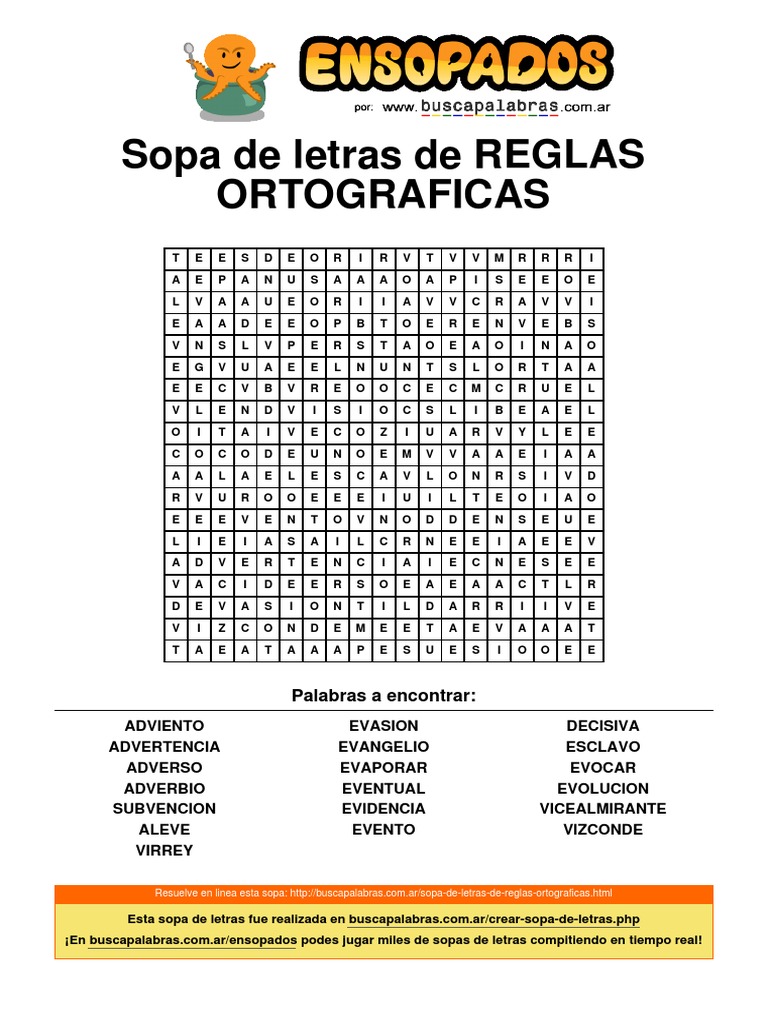 Sopa de Letras de Reglas Ortograficas | PDF