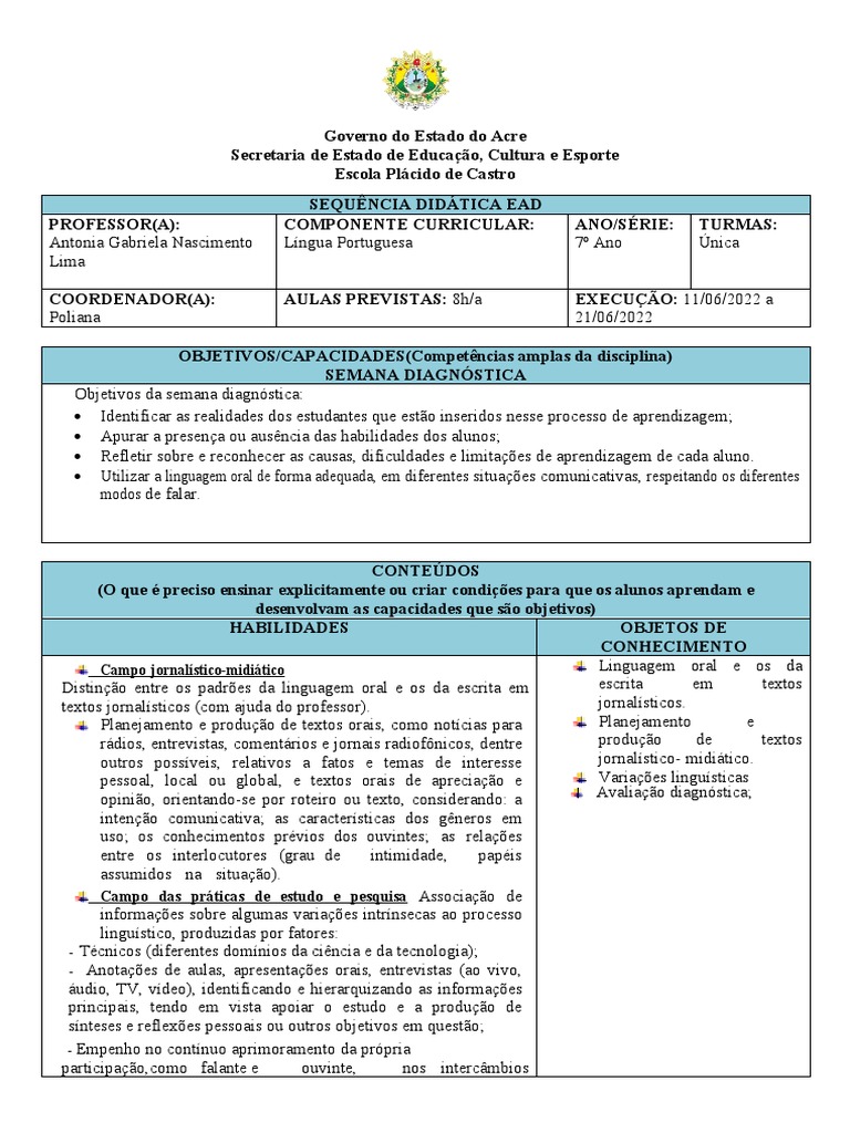 1 Sequencia Didática 7º Ano 1º Bim 2022 | PDF | Jornalismo | Linguística