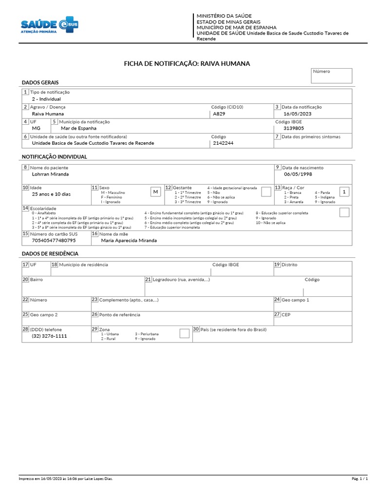 Ficha de Notificação: Raiva Humana: Dados Gerais | PDF