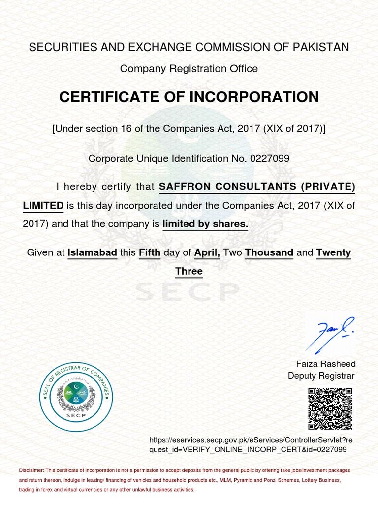 Company Incorporation Certificate | PDF