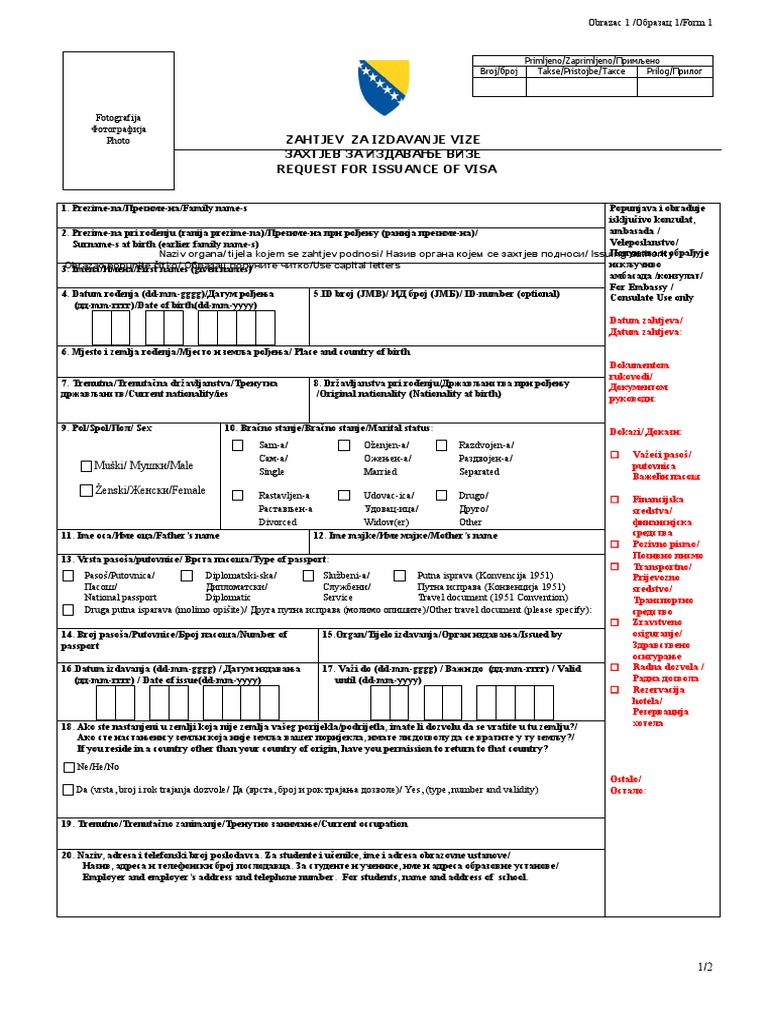 Bosnia and Herzegovina Visa Application Form | PDF
