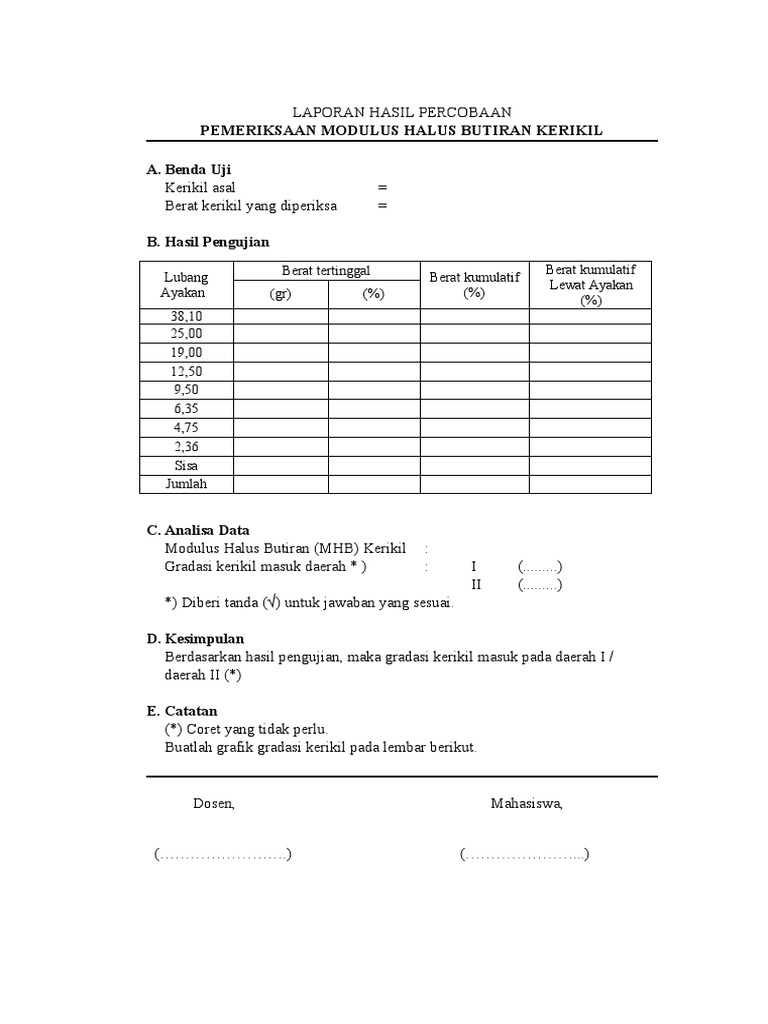 Laporan Hasil Percobaan Pemeriksaan Modulus Halus Butiran Kerikil | PDF